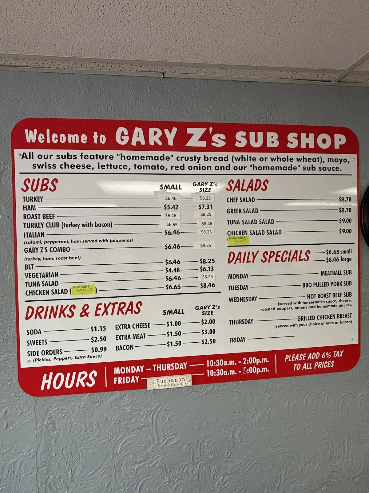 Menu at Gary Z's Sub Shop restaurant, Buchanan