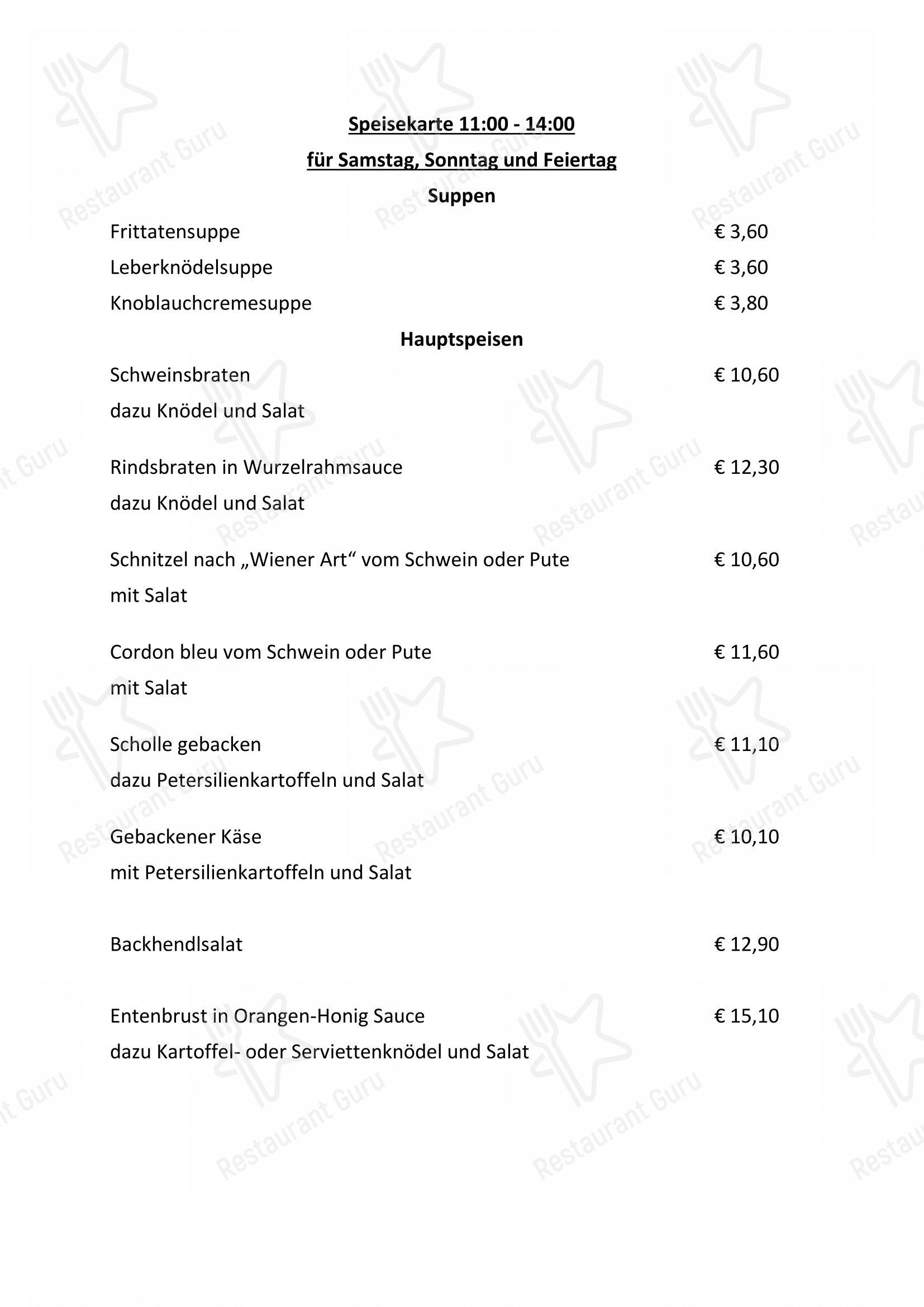Menu at Gasthaus Widhalm, Austria