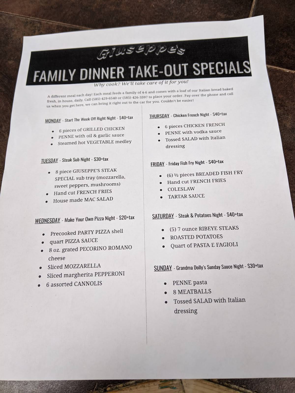 Menu at Giuseppe's pizzeria, Rochester, 50 Spencerport Rd