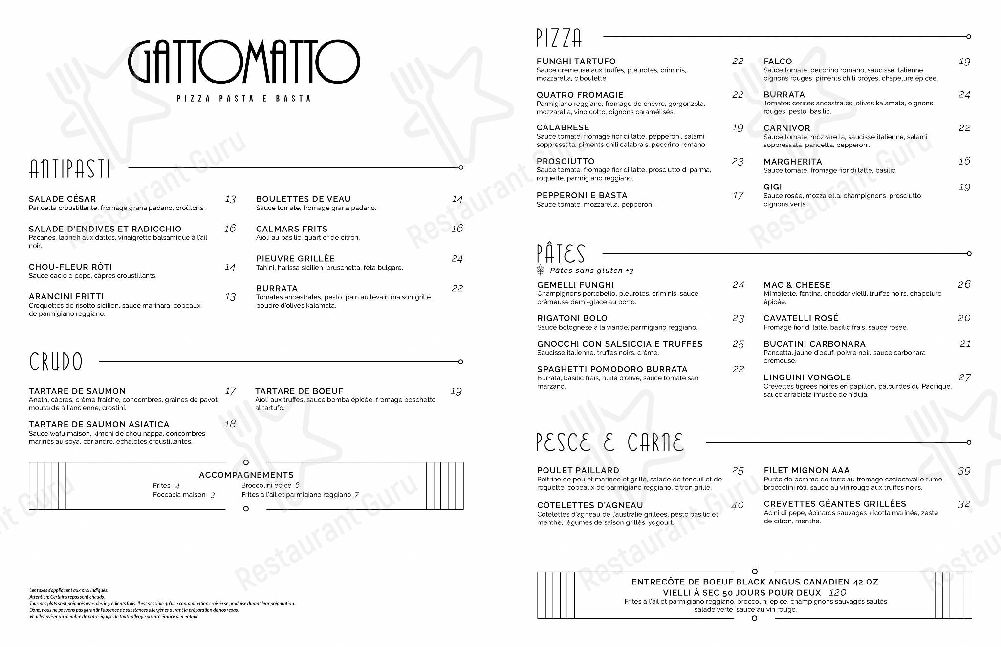 Carta de pizzería Gatto Matto, Laval