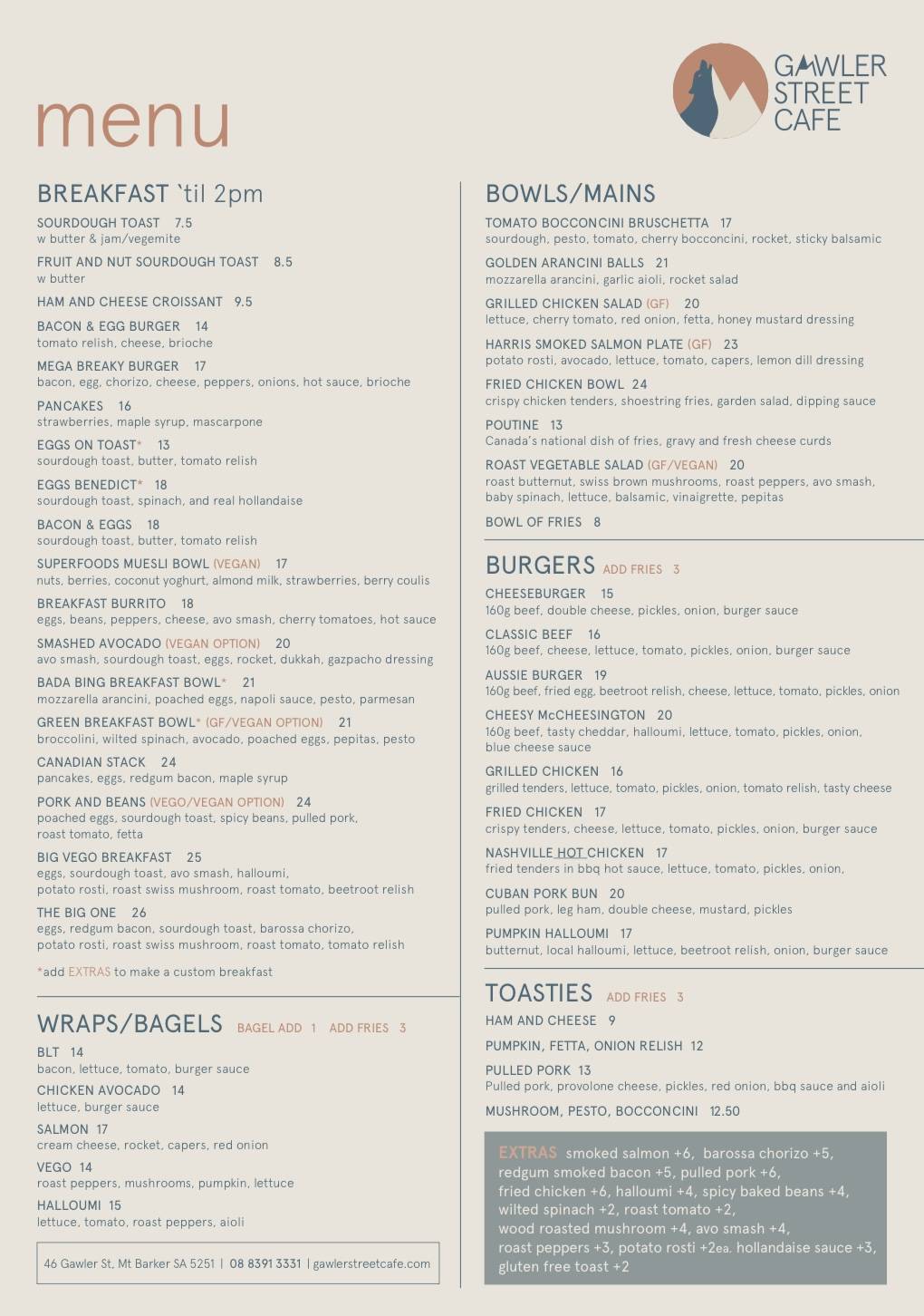 Menu at Gawler Street Cafe, Mount Barker