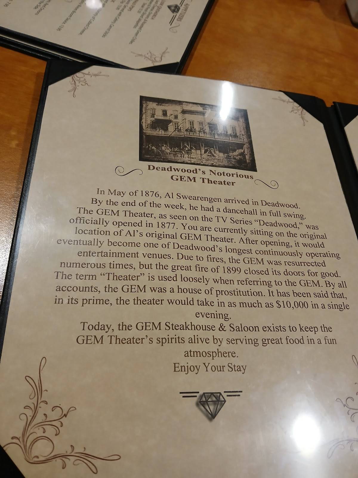 Menu at Gem Steakhouse & Saloon, Deadwood