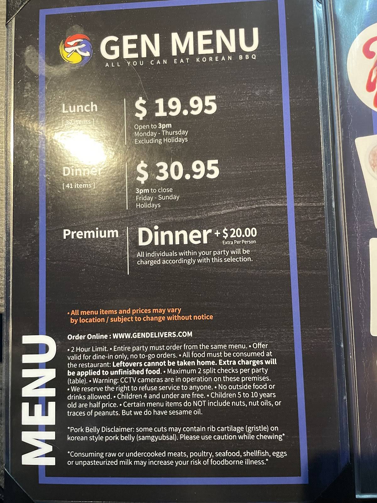 Menu at Gen Korean BBQ House, Arlington