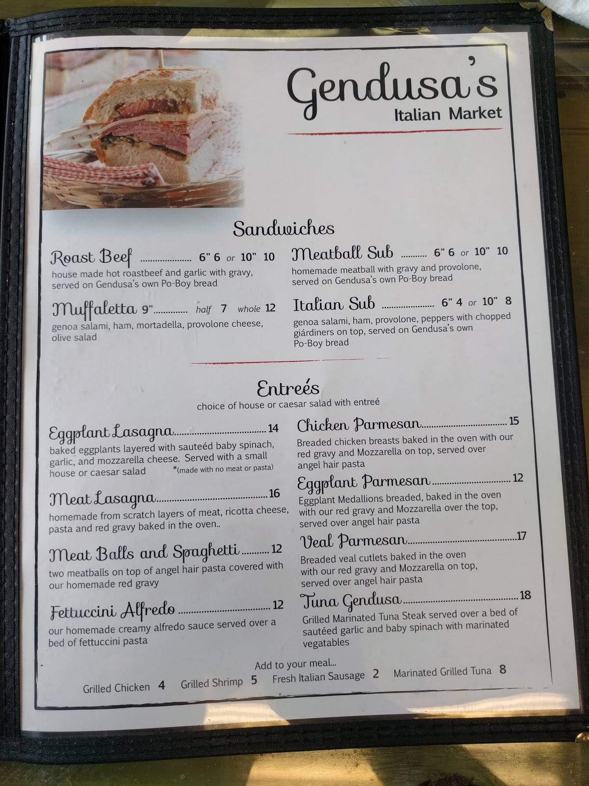 Menu at Gendusa's Italian Eatery pizzeria, Kenner