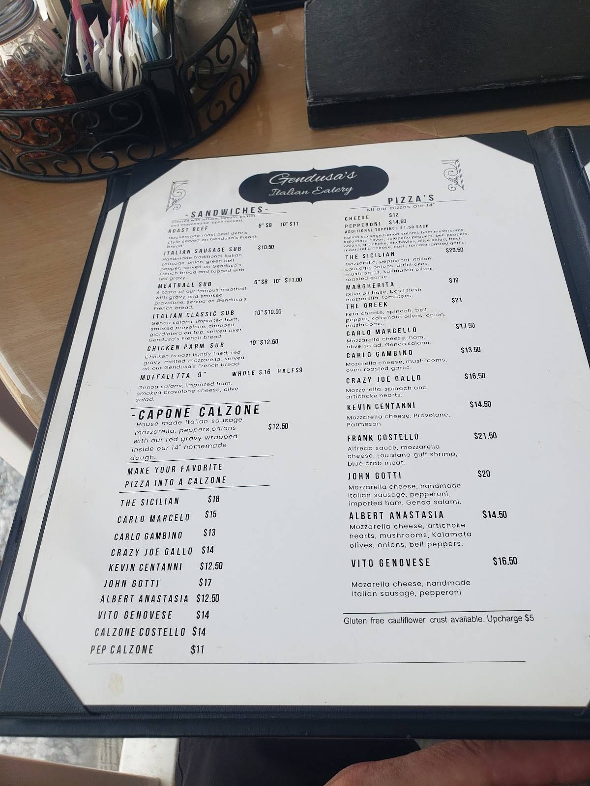 Menu at Gendusa's Italian Eatery pizzeria, Kenner