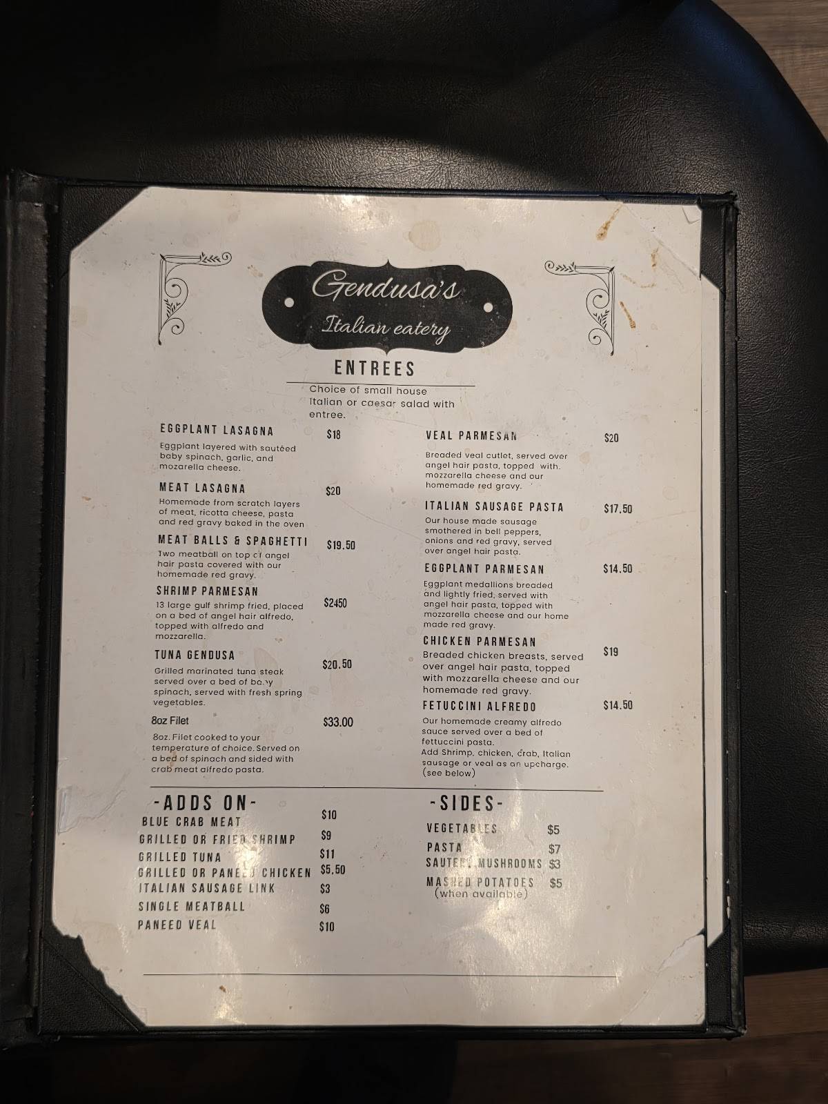 Menu at Gendusa's Italian Eatery pizzeria, Kenner