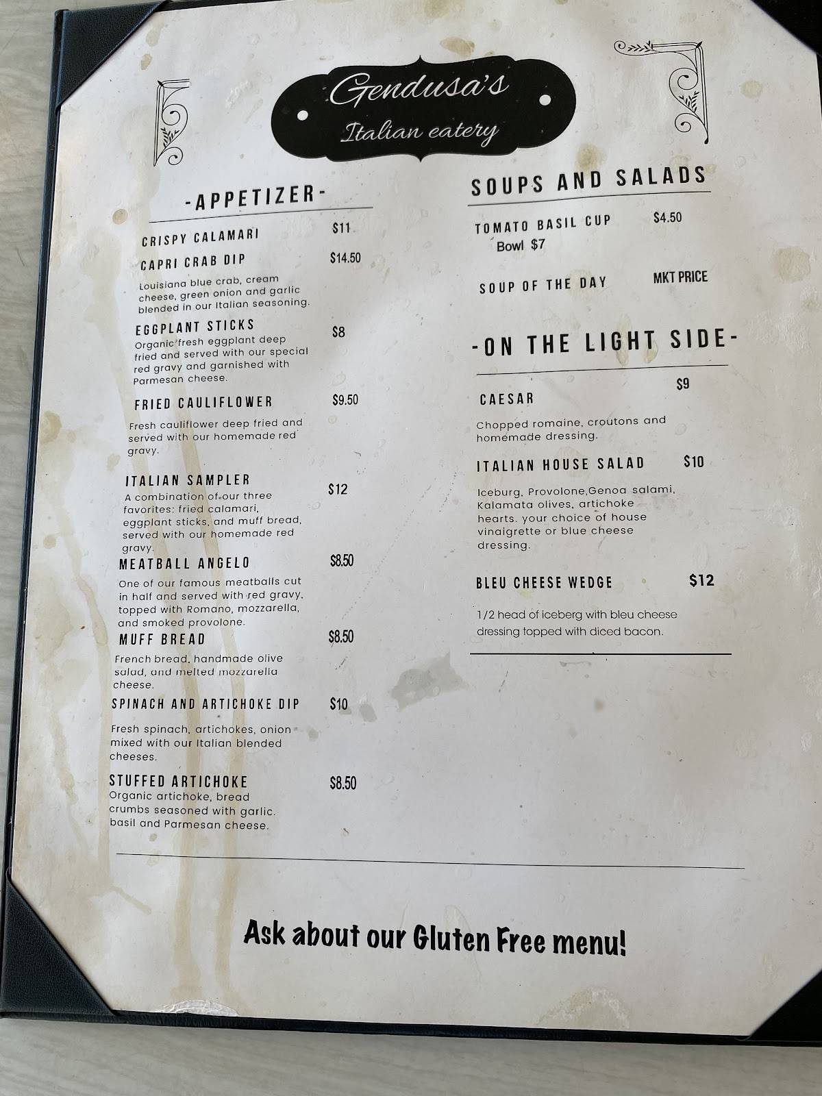 Menu at Gendusa's Italian Eatery pizzeria, Kenner
