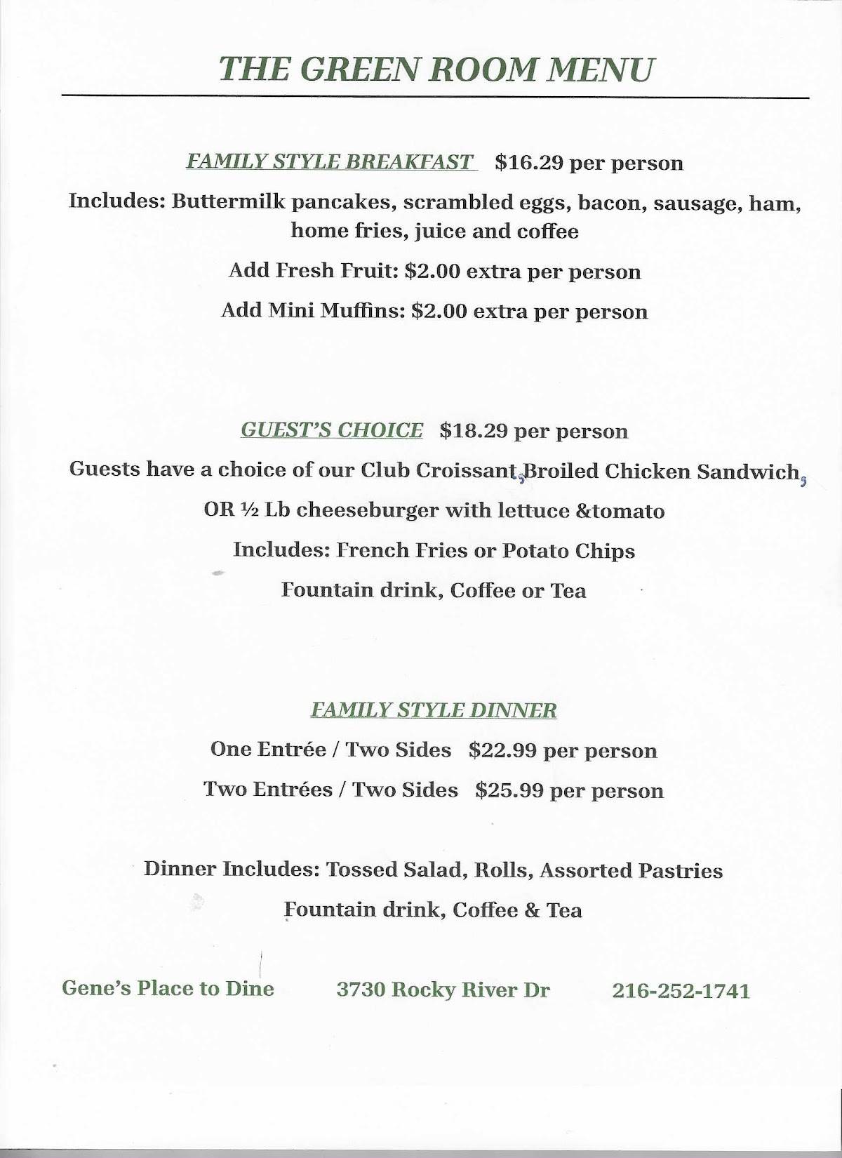 Menu at Gene's Place To Dine restaurant, Cleveland