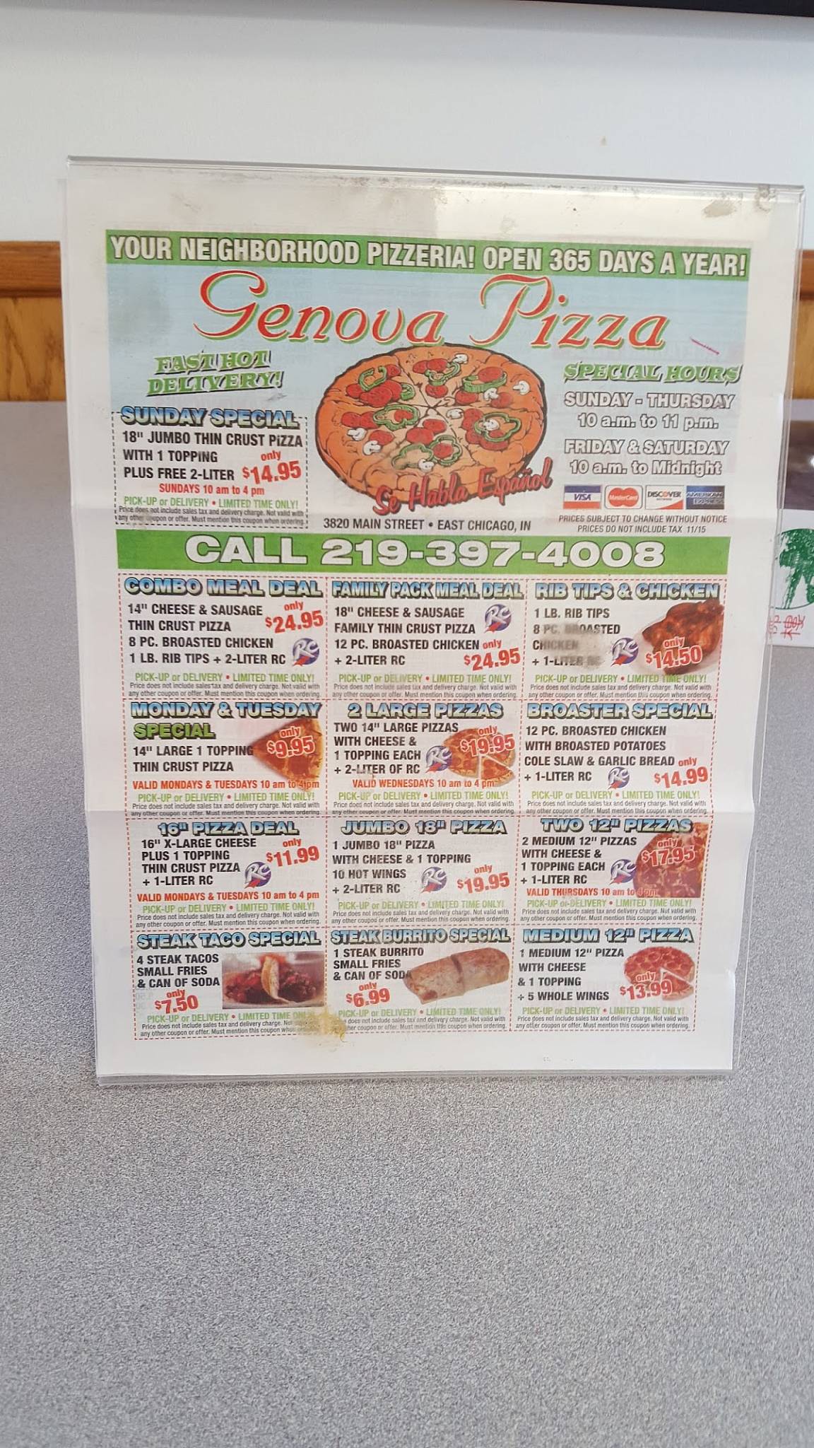 Menu at Genova Pizza pizzeria, East Chicago