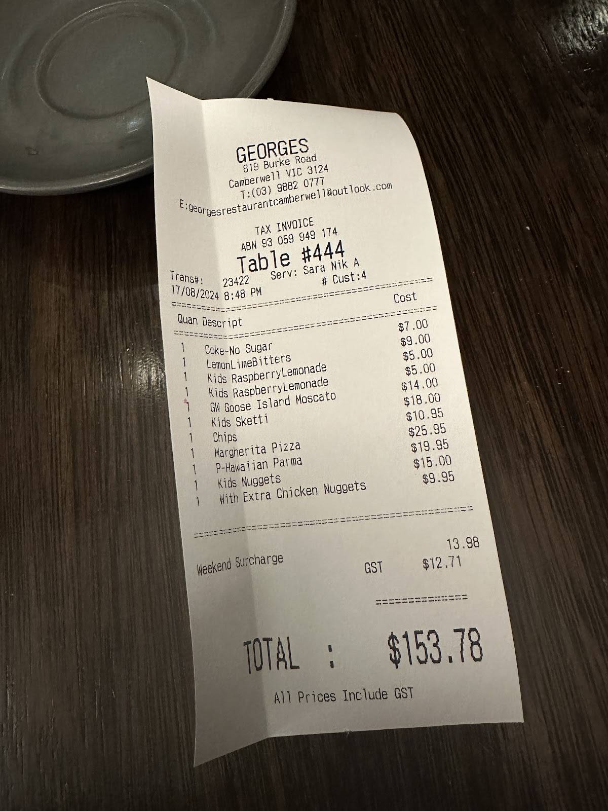Menu at Georges Restaurant, Camberwell