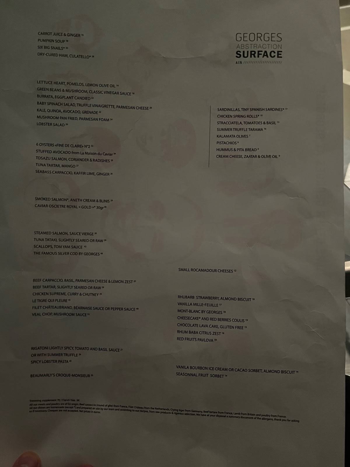 Menu at Le Georges restaurant, Paris, du Centre Georges Pompidou