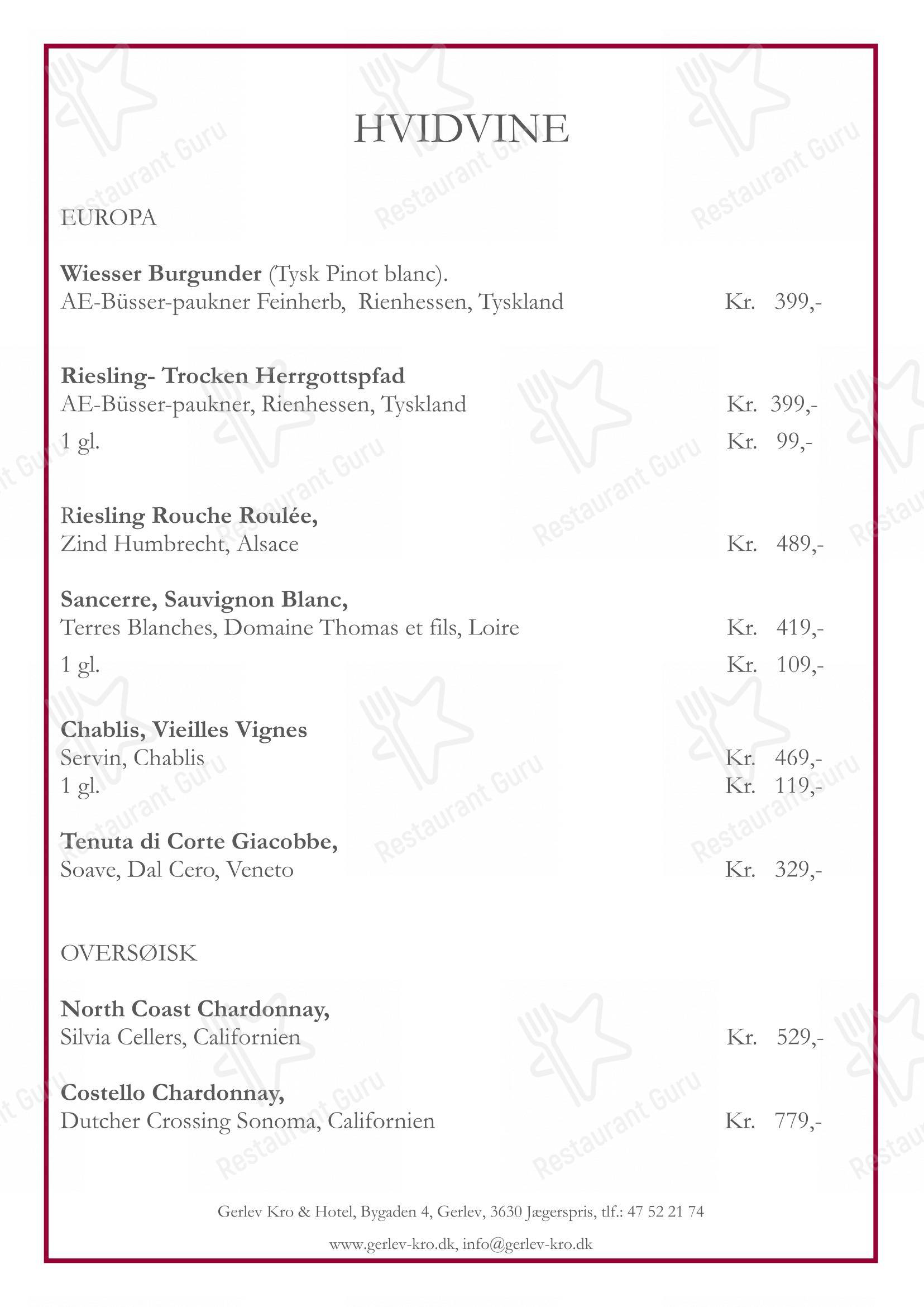 Menu at Gerlev Kro og Hotel restaurant, Denmark