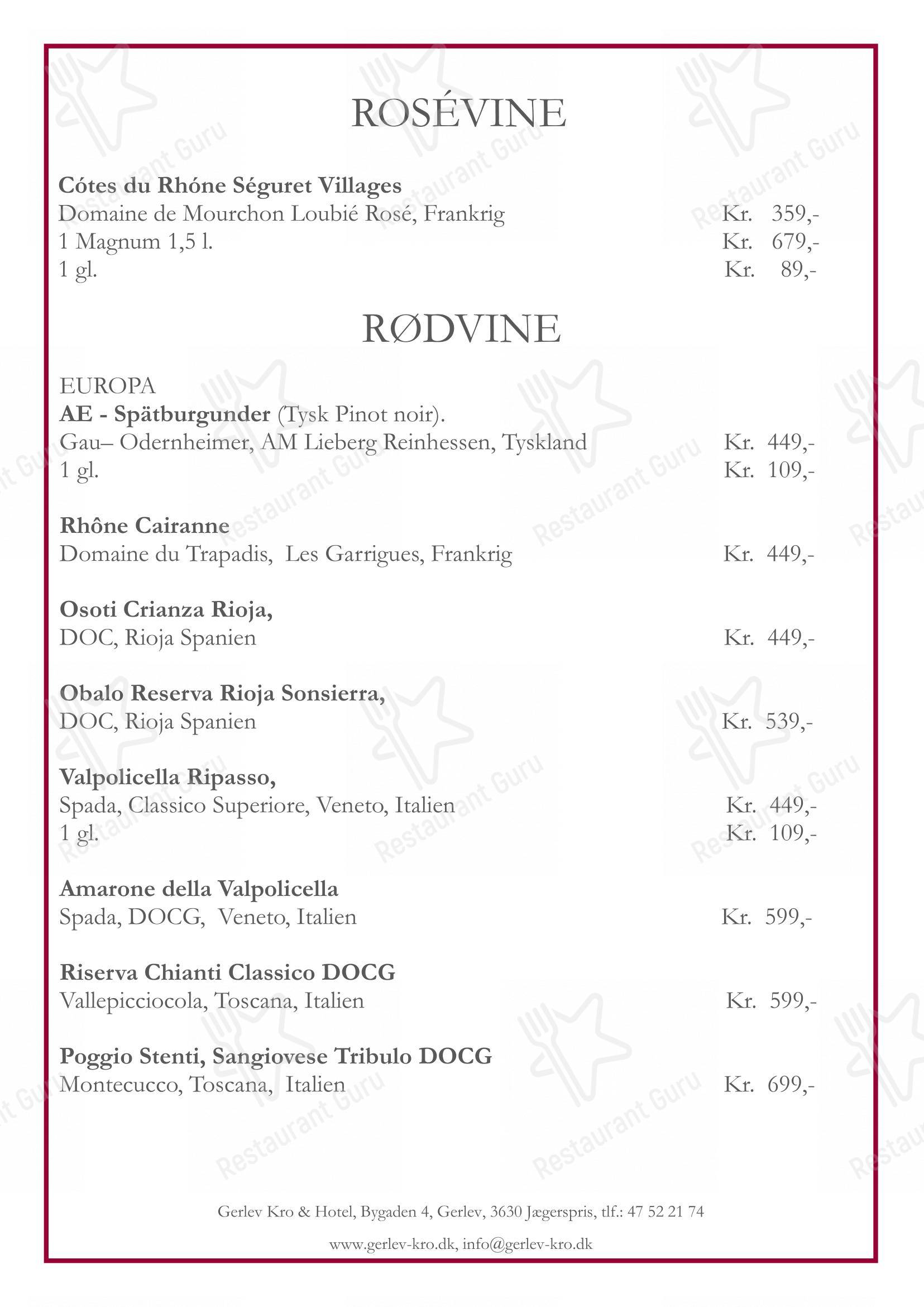 Menu at Gerlev Kro og Hotel restaurant, Denmark