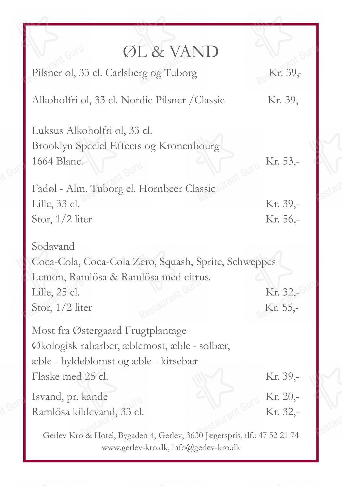 Menu at Gerlev Kro og Hotel restaurant, Denmark