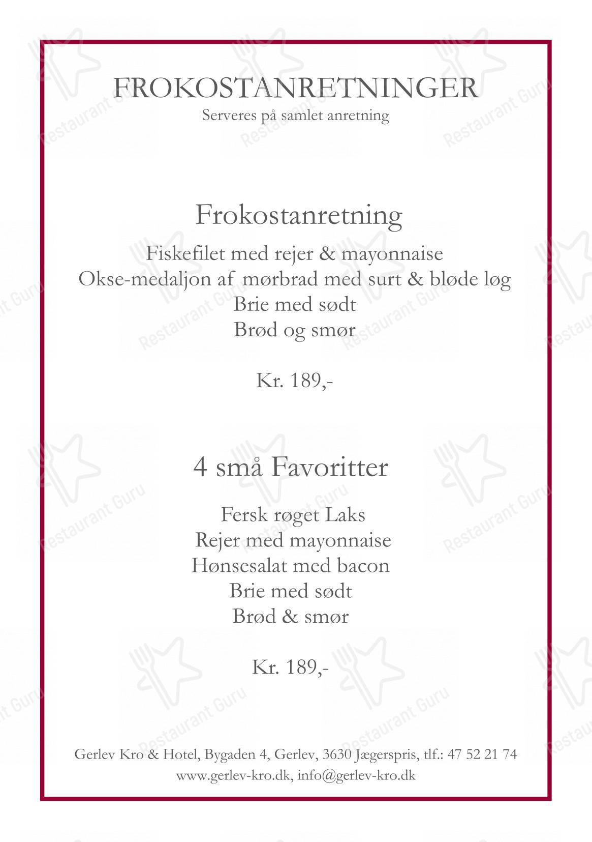 Menu at Gerlev Kro og Hotel restaurant, Denmark