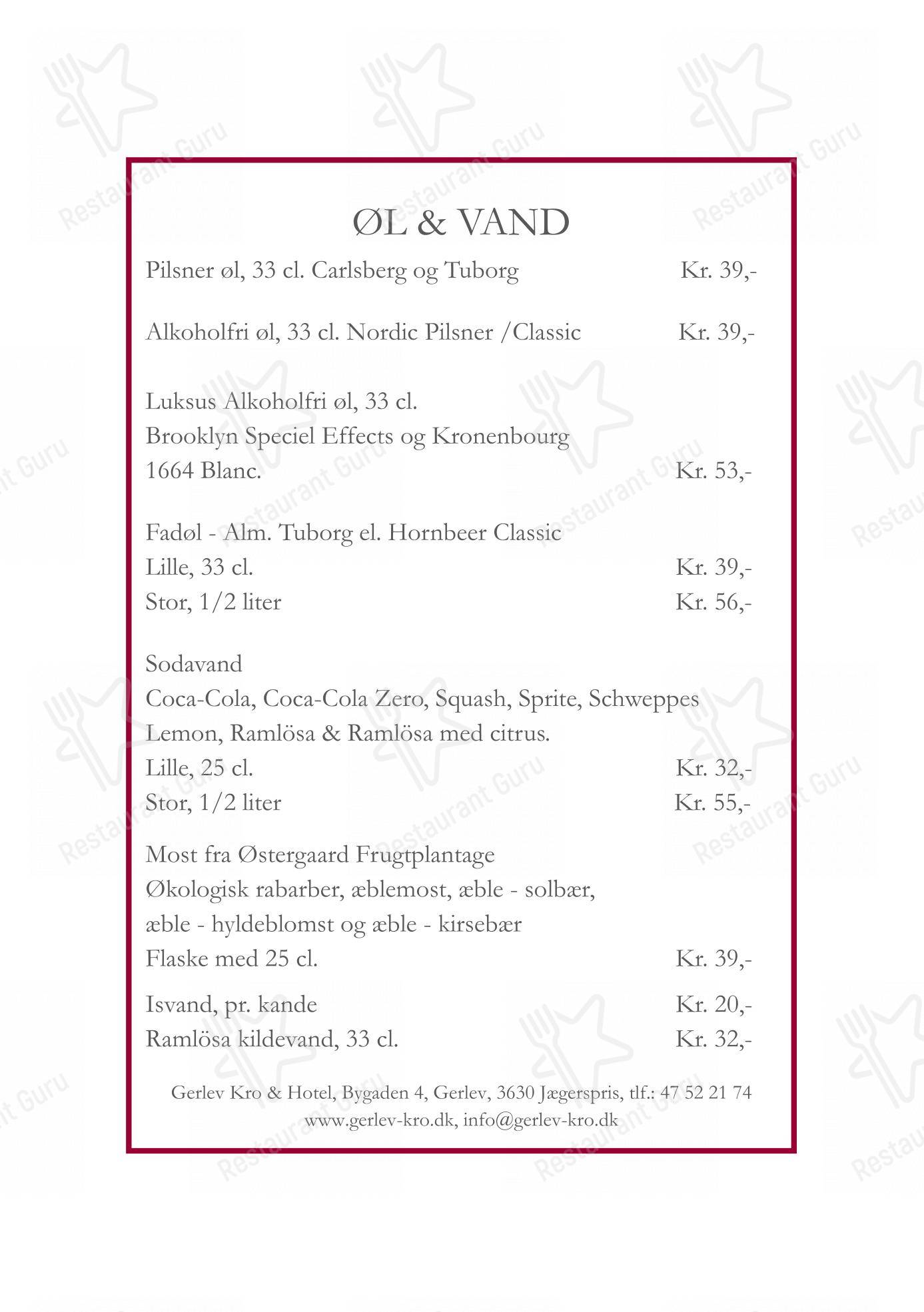 Menu at Gerlev Kro og Hotel restaurant, Denmark