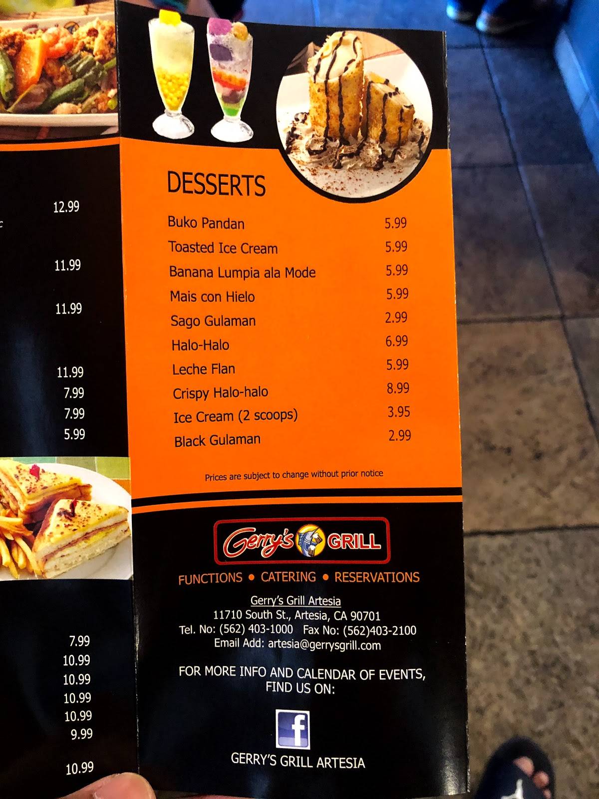 Menu at Gerry's Grill restaurant, Artesia, South St #107