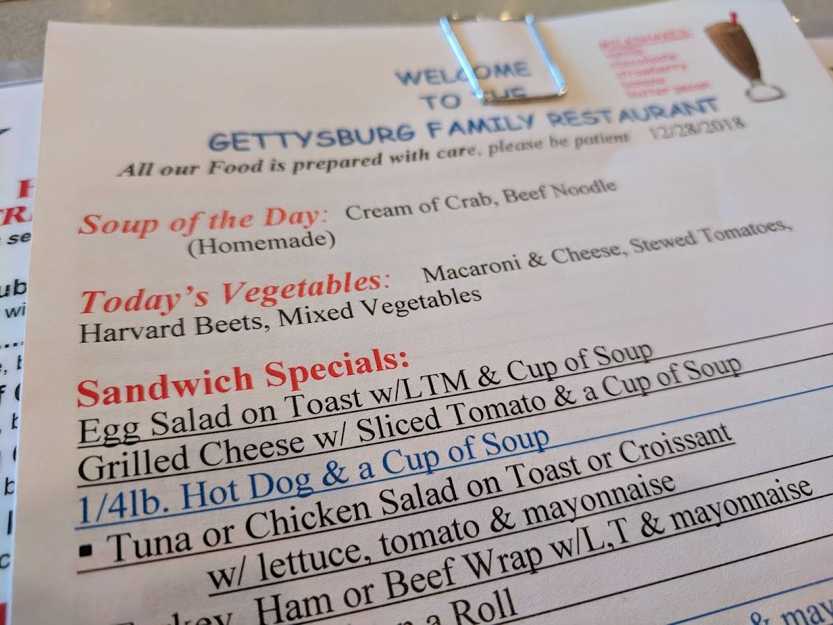 Menu at Gettysburg Family Restaurant, Gettysburg, York St #5