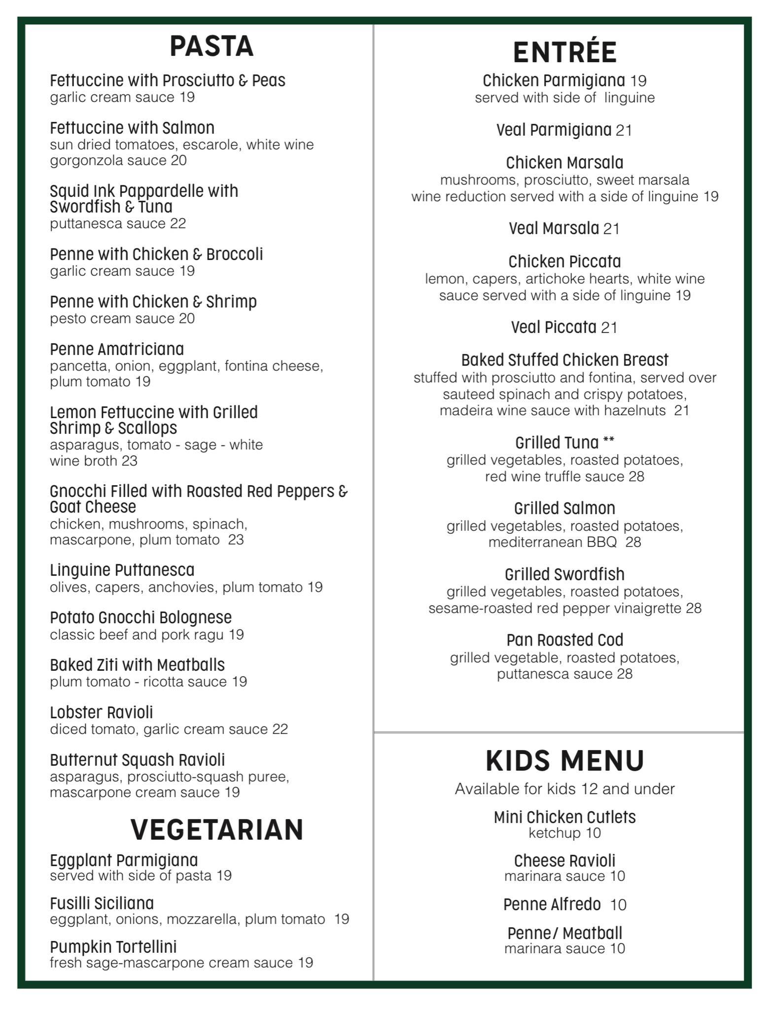 Menu at Giacomo's Melrose restaurant, Melrose