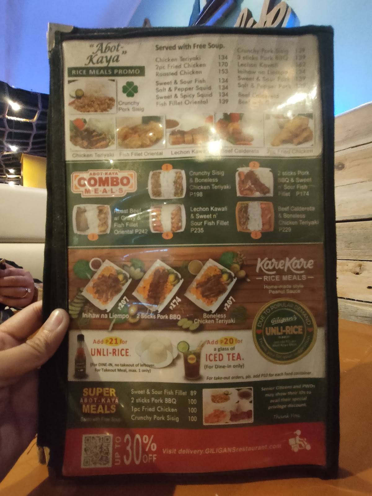 Menu at Giligan's restaurant, Las Pinas, The Village Square Alabang
