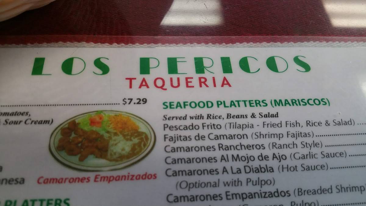 Menu at Los Pericos Taqueria restaurant, Gilroy