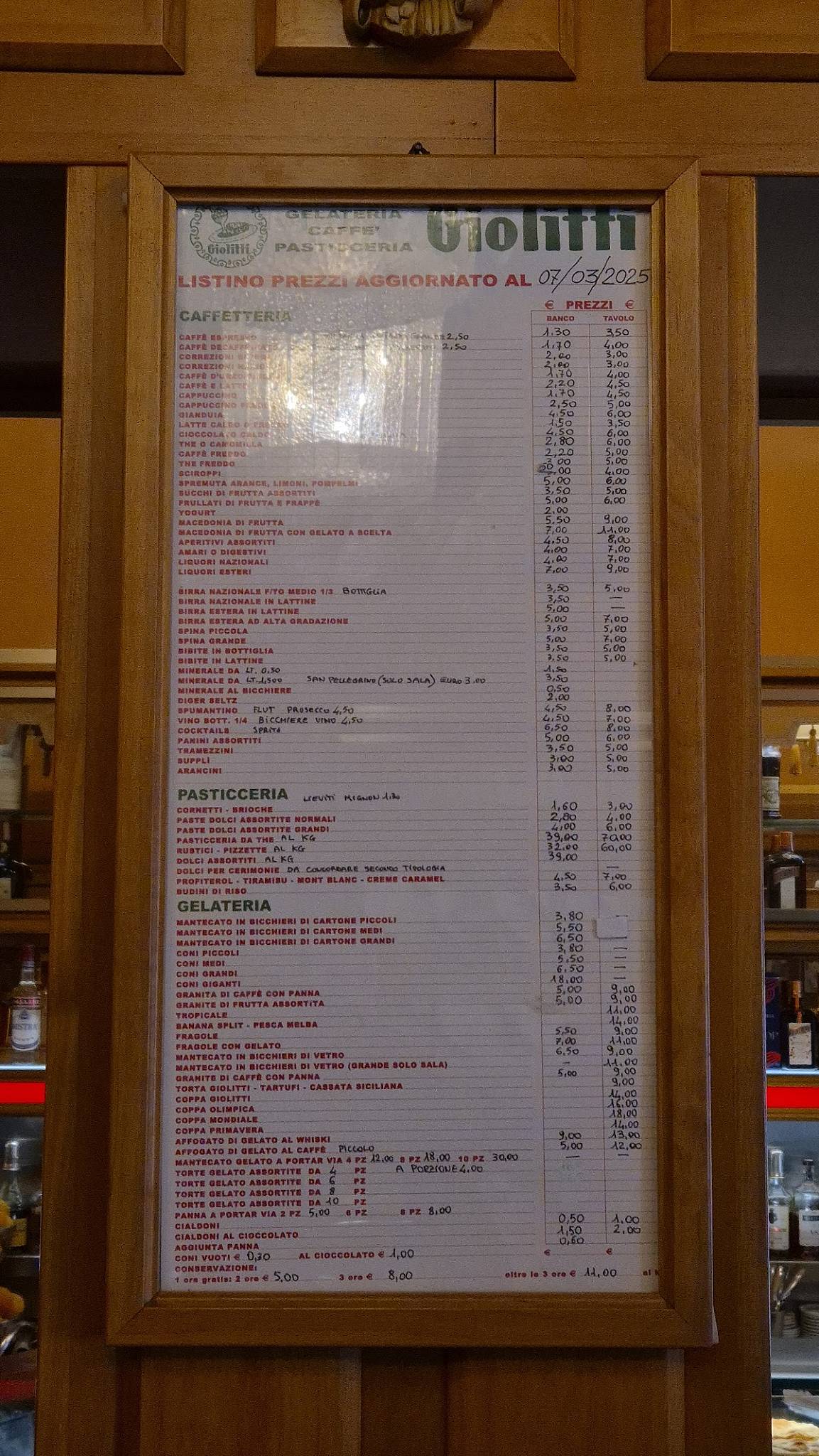 Menu da Giolitti caffè bar, Roma, Via degli Uffici del Vicario