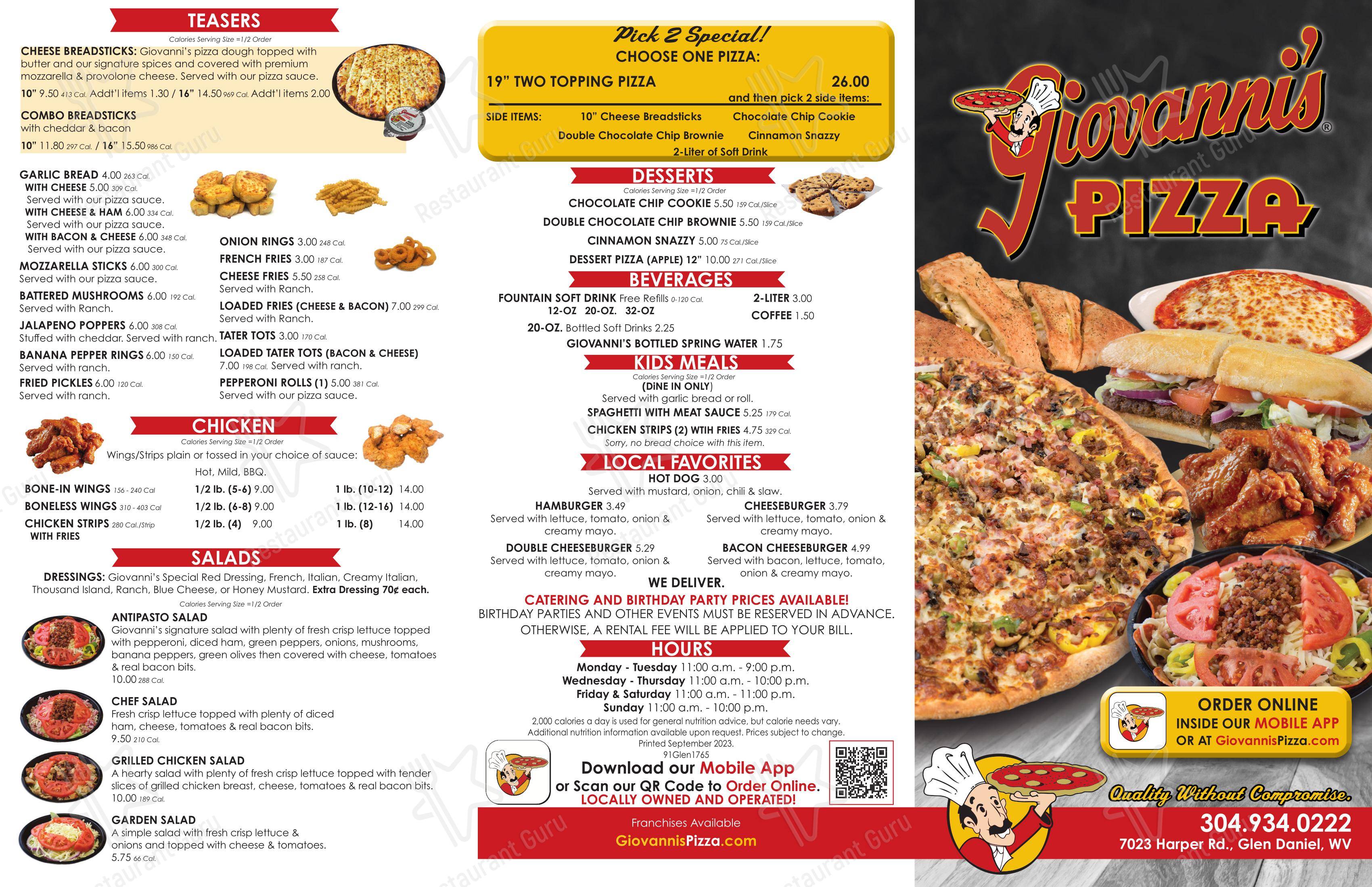 Menu at Giovanni's Pizza pizzeria, Glen Daniel, Harper Rd