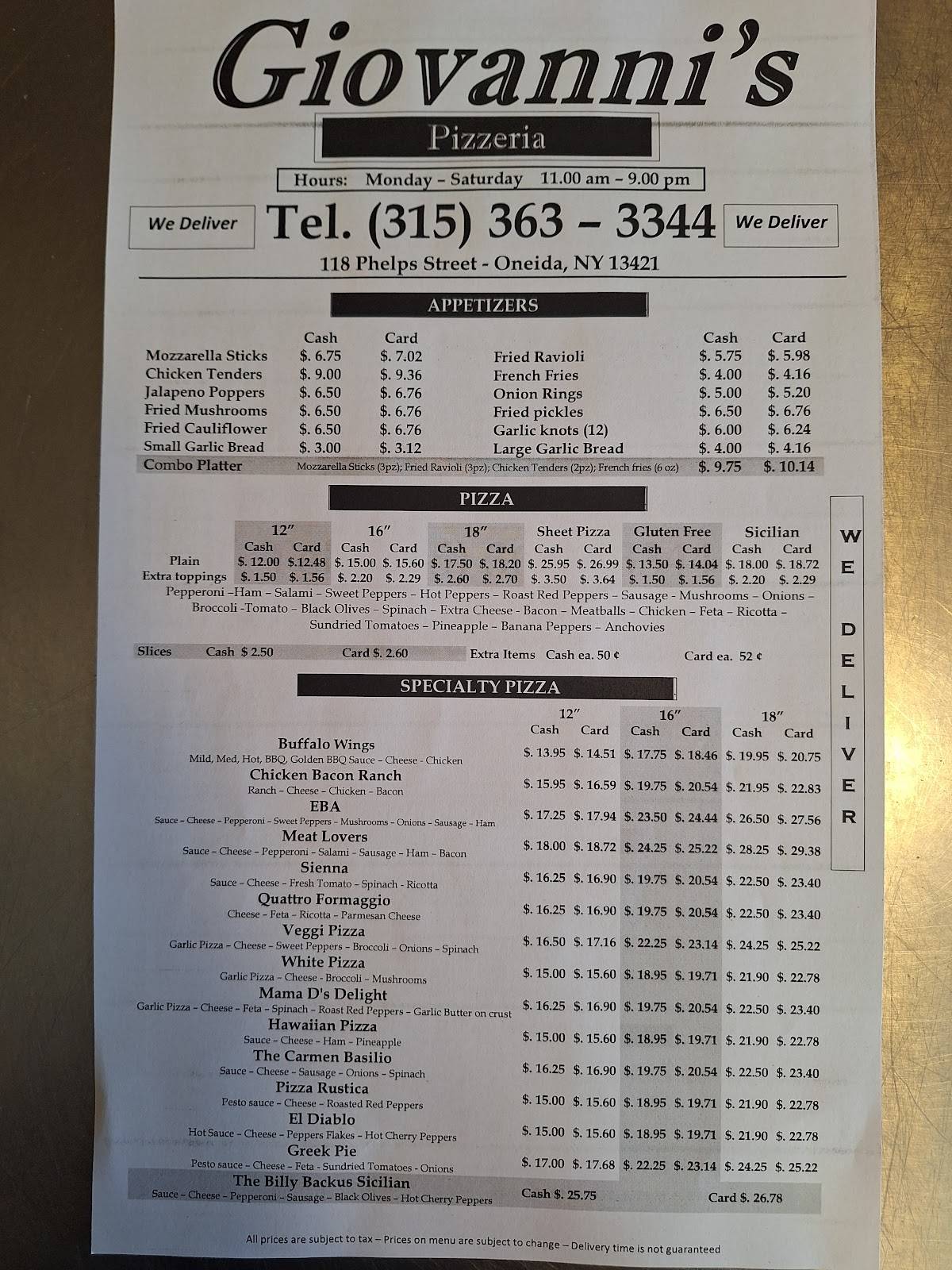 Menu at Giovanni's The Big Cheese pizzeria, Oneida, 118 Phelps St