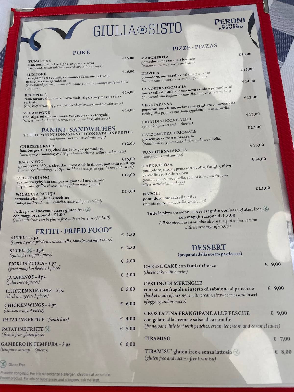 Menu at Giulia&Sisto Roma restaurant, Rome