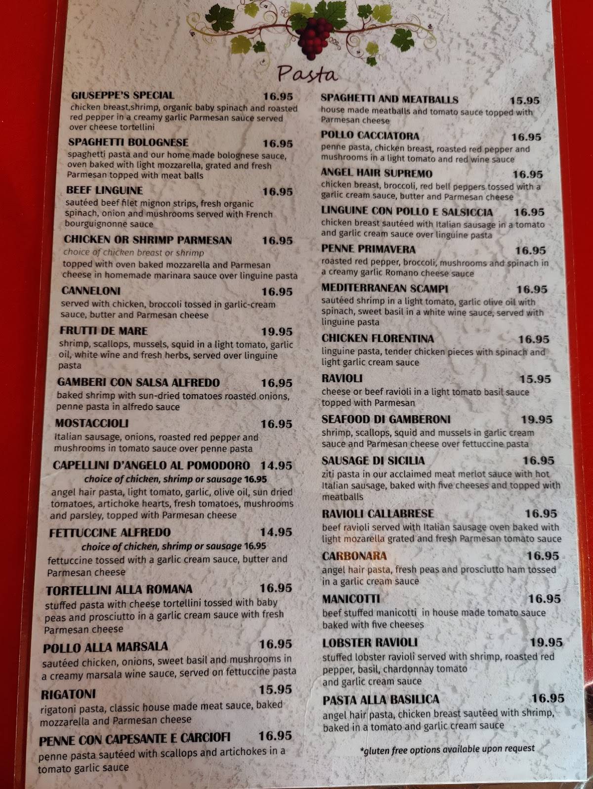 Menu at Giuseppe's Italian Ristorante restaurant, Rosemount