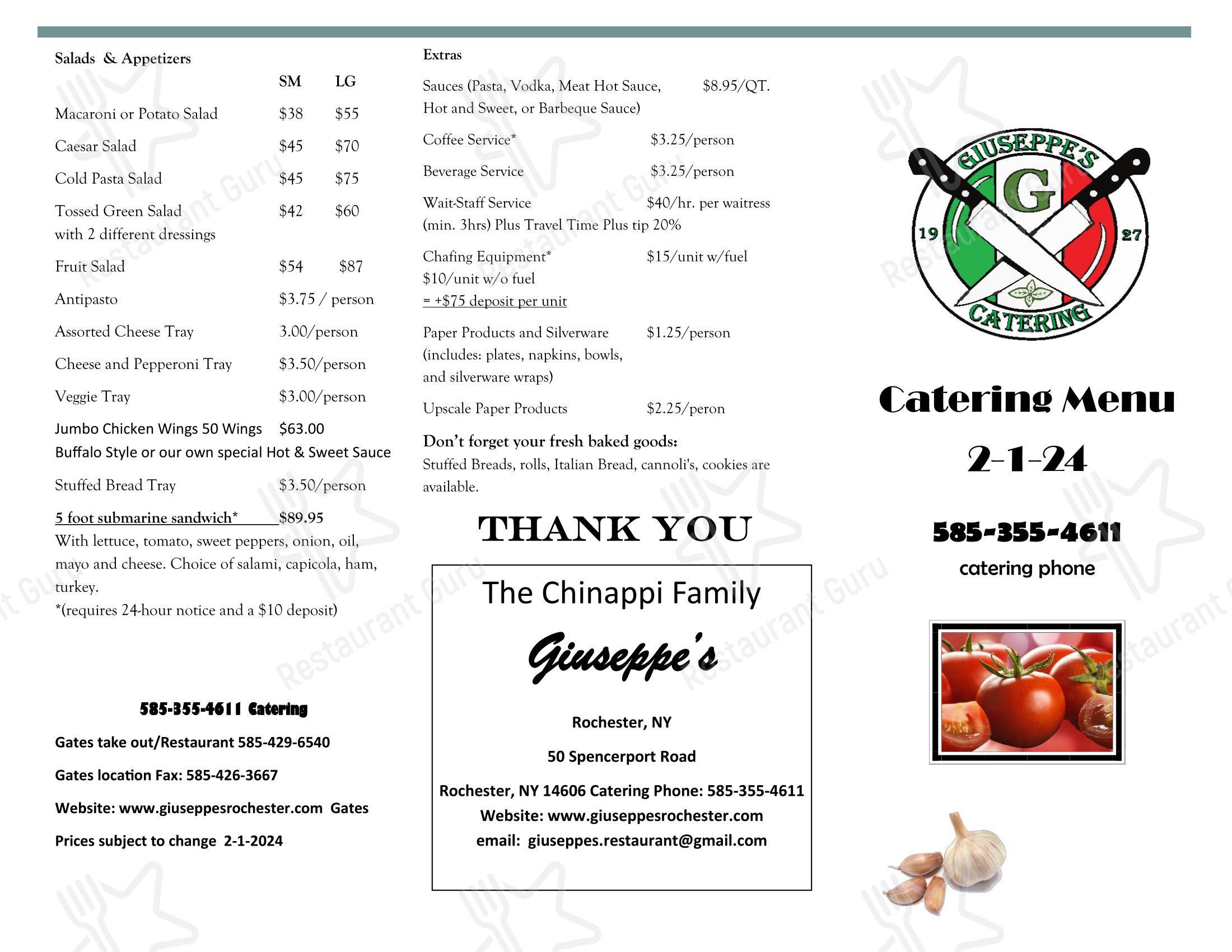 Menu at Giuseppe's pizzeria, Rochester, 50 Spencerport Rd