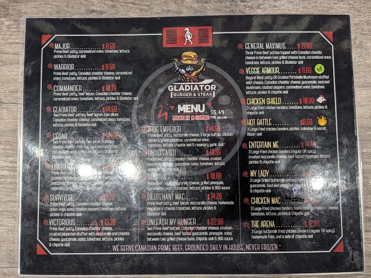 Menu au Gladiator Burger Scarborough restaurant, Toronto