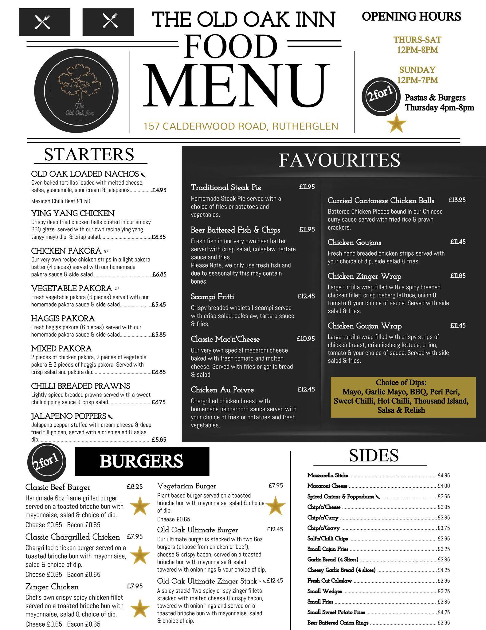 Menu at Old Oak Inn pub & bar, Glasgow