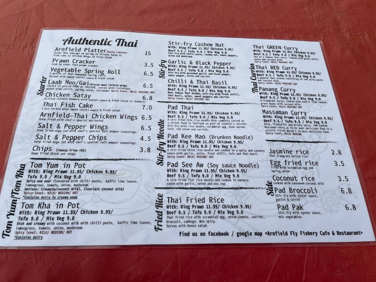 Menu at Arnfield Fly Fishery Cafe & Thai Restaurant, Glossop