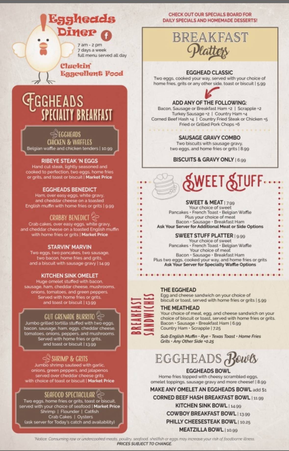 Menu at Eggheads Diner restaurant, Gloucester Point