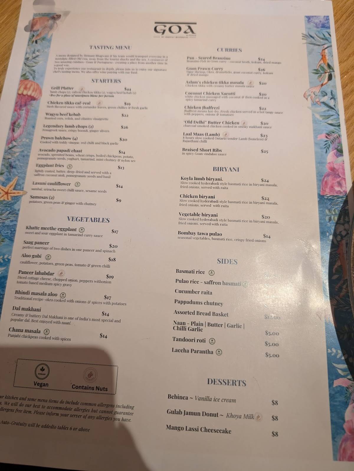 Menu at Goa Indian Farm Kitchen restaurant, Toronto, Bayview Ave
