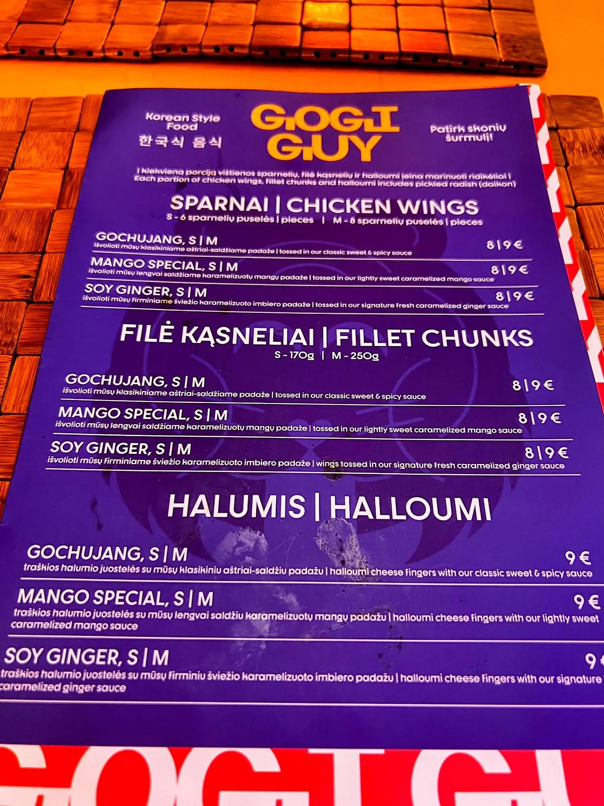 Menu at Gogi Guy restaurant, Vilnius