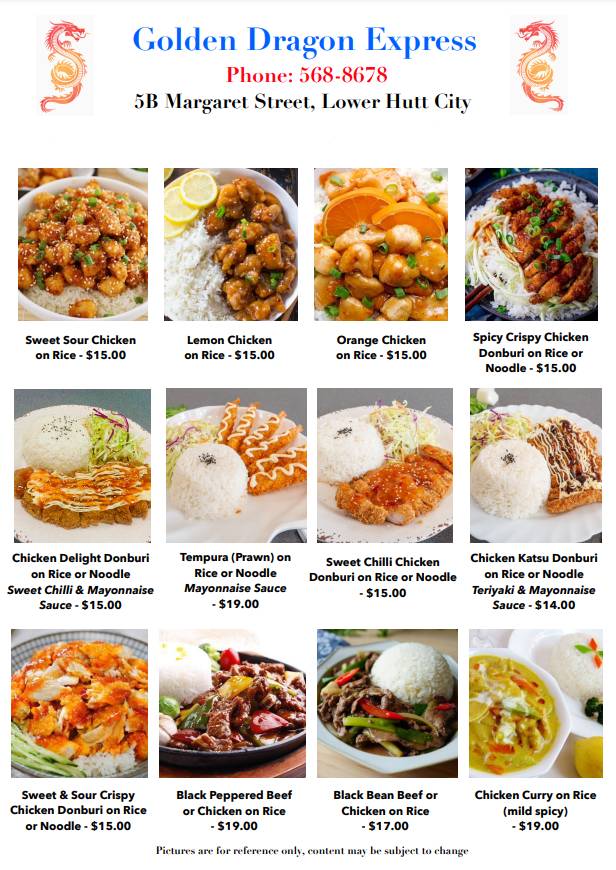 Menu at Golden Dragon Express restaurant, Wellington
