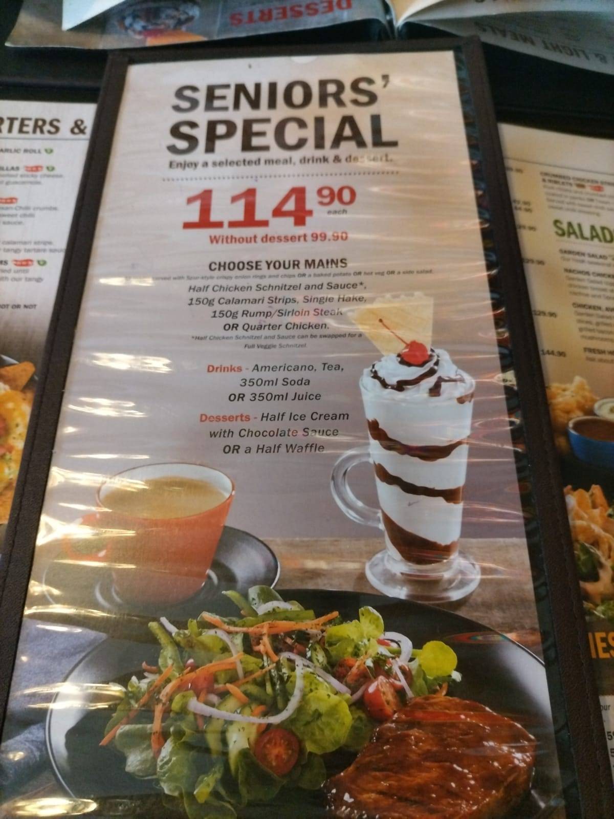 Menu at Golden Falls Spur restaurant, Johannesburg, Columbine Square