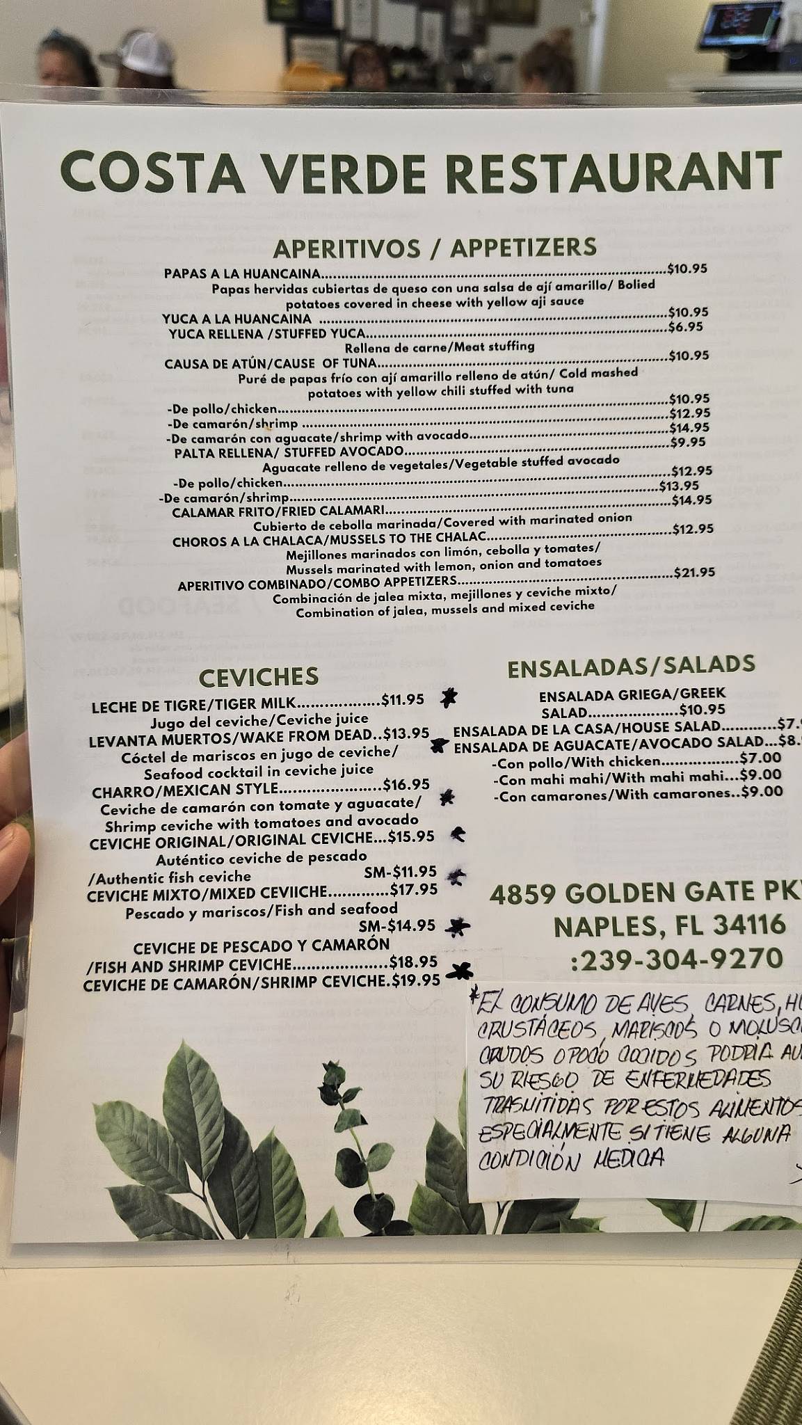 Menu at Naples Costa Verde Peruvian Restaurant, Golden Gate, Golden ...