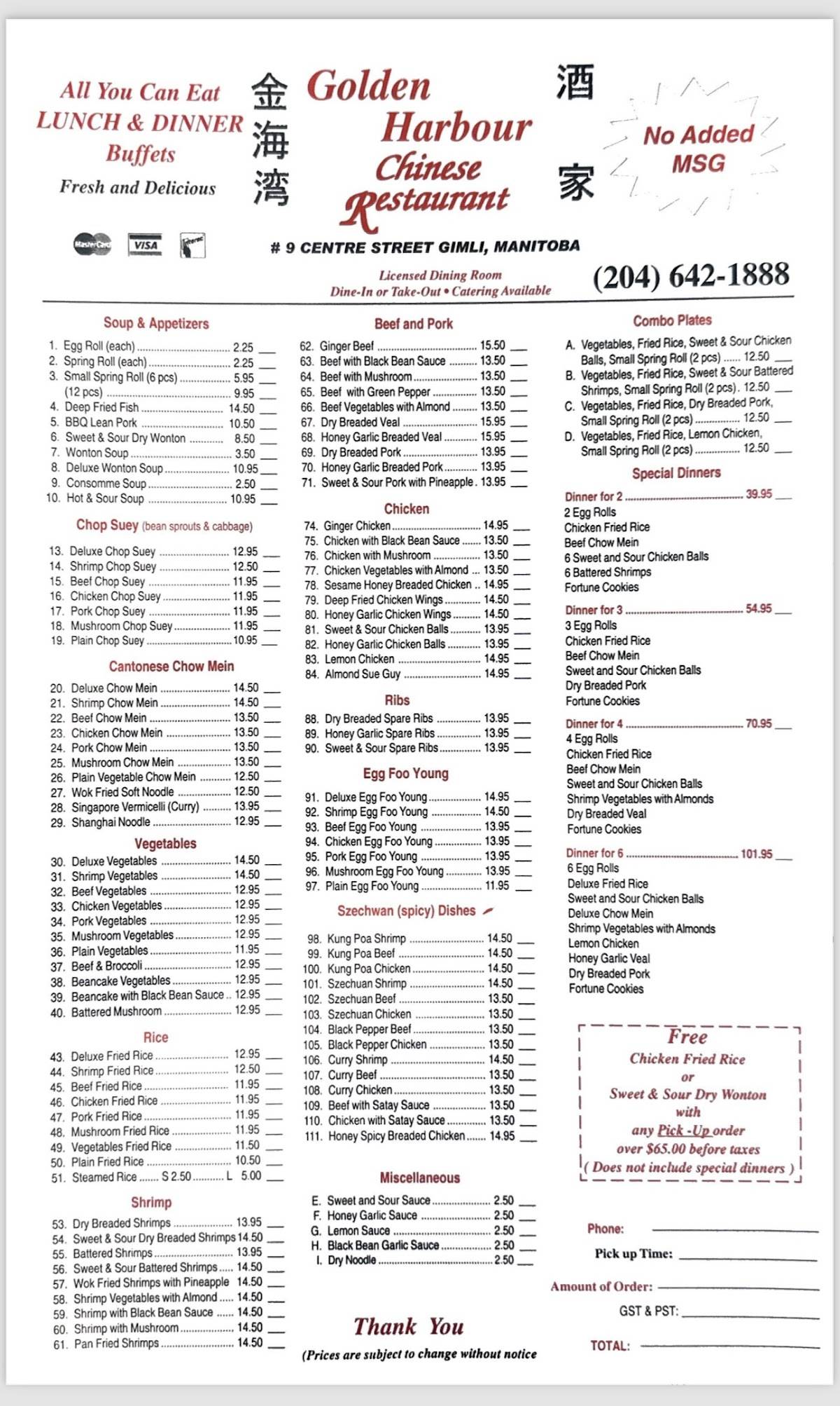 Menu at Golden Harbour Chinese Restaurant, Gimli