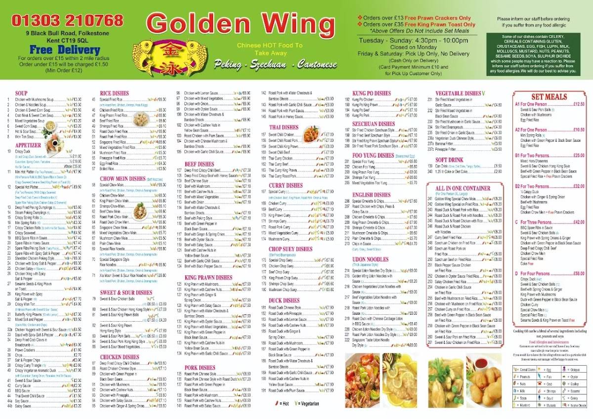 Menu at Golden Wing Chinese Takeaway fast food, Folkestone
