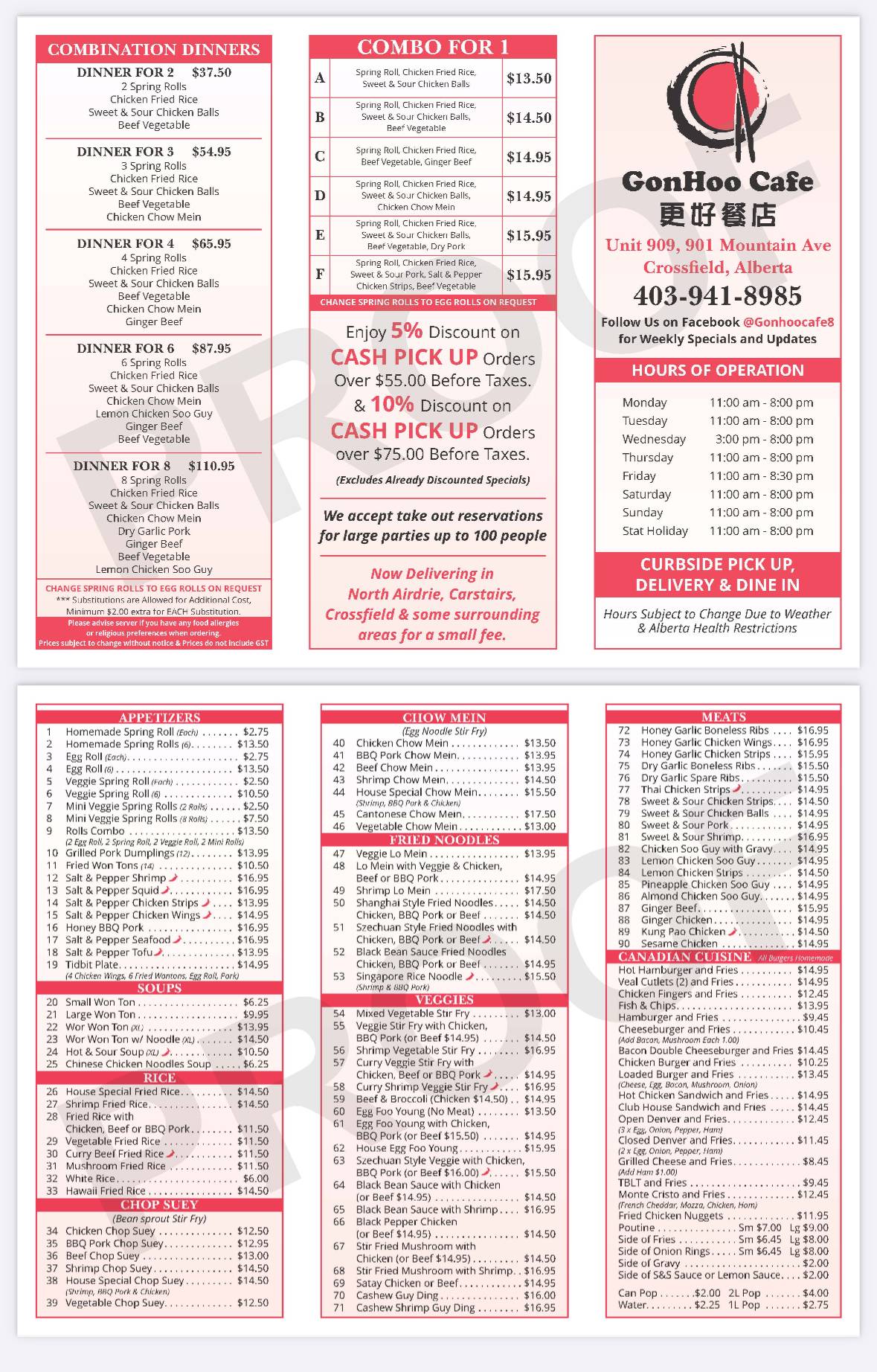 Menu at GonHoo Cafe, Crossfield