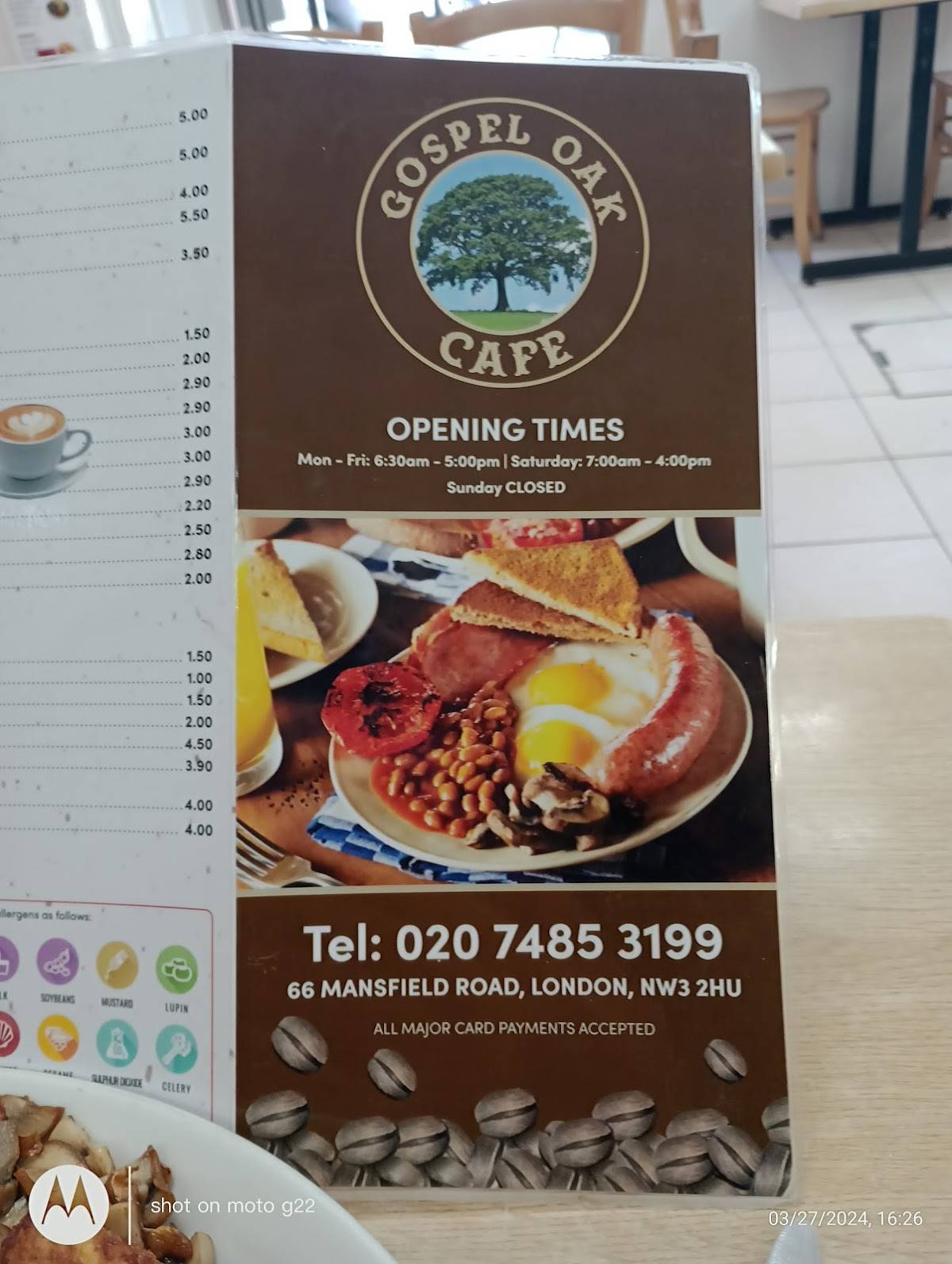 Menu at Gospel Oak Cafe, London