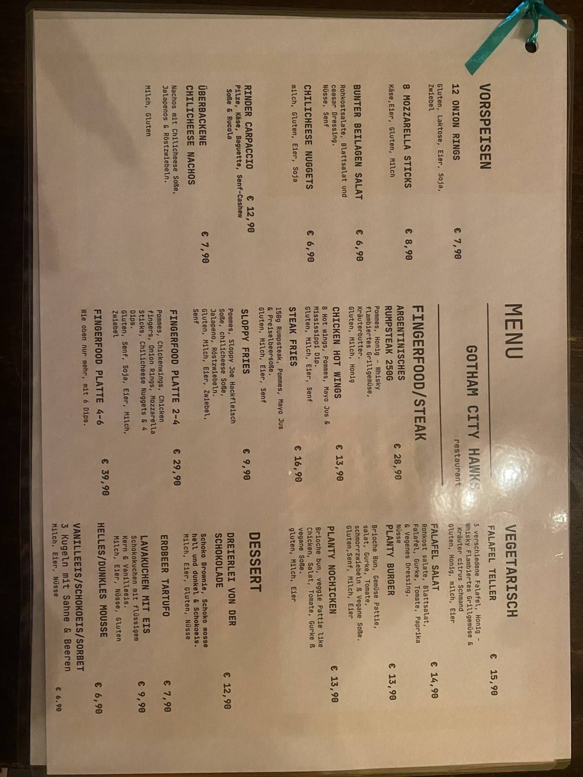 Menu at Gotham City Hawks restaurant, Lautzenhausen