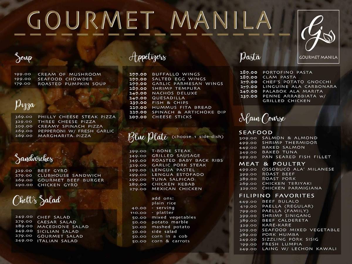 Menu at Gourmet Manila restaurant, Marikina