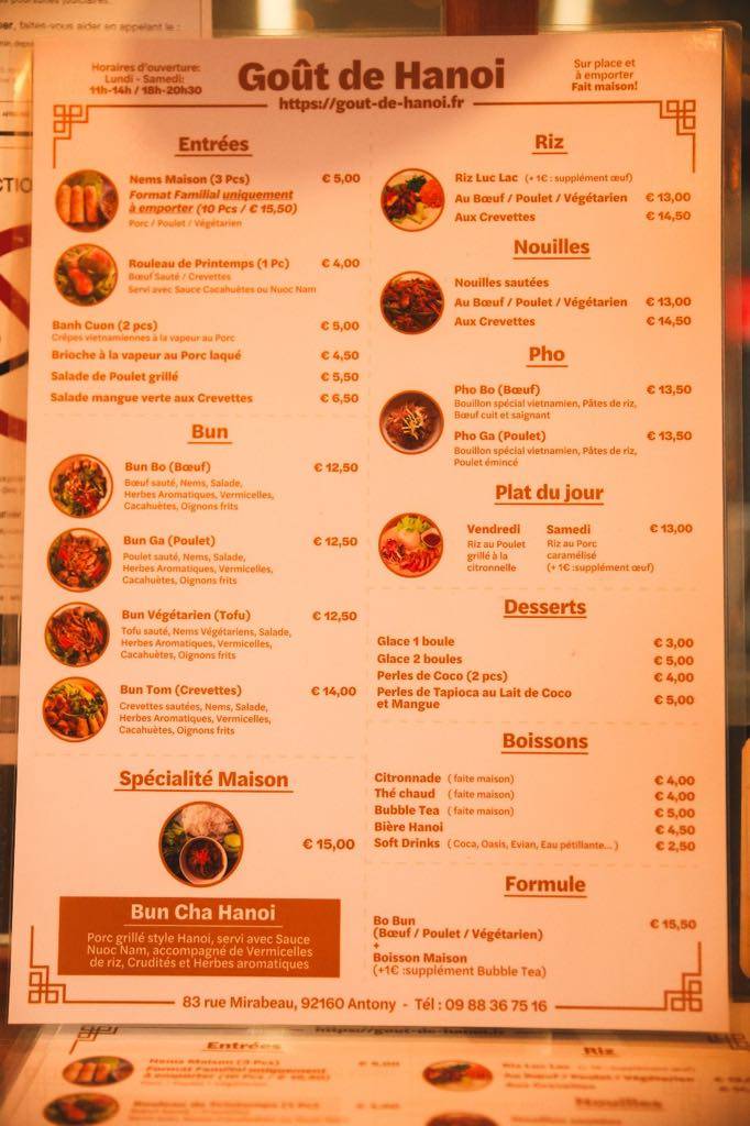 Menu at Goût de Hanoi restaurant, Antony