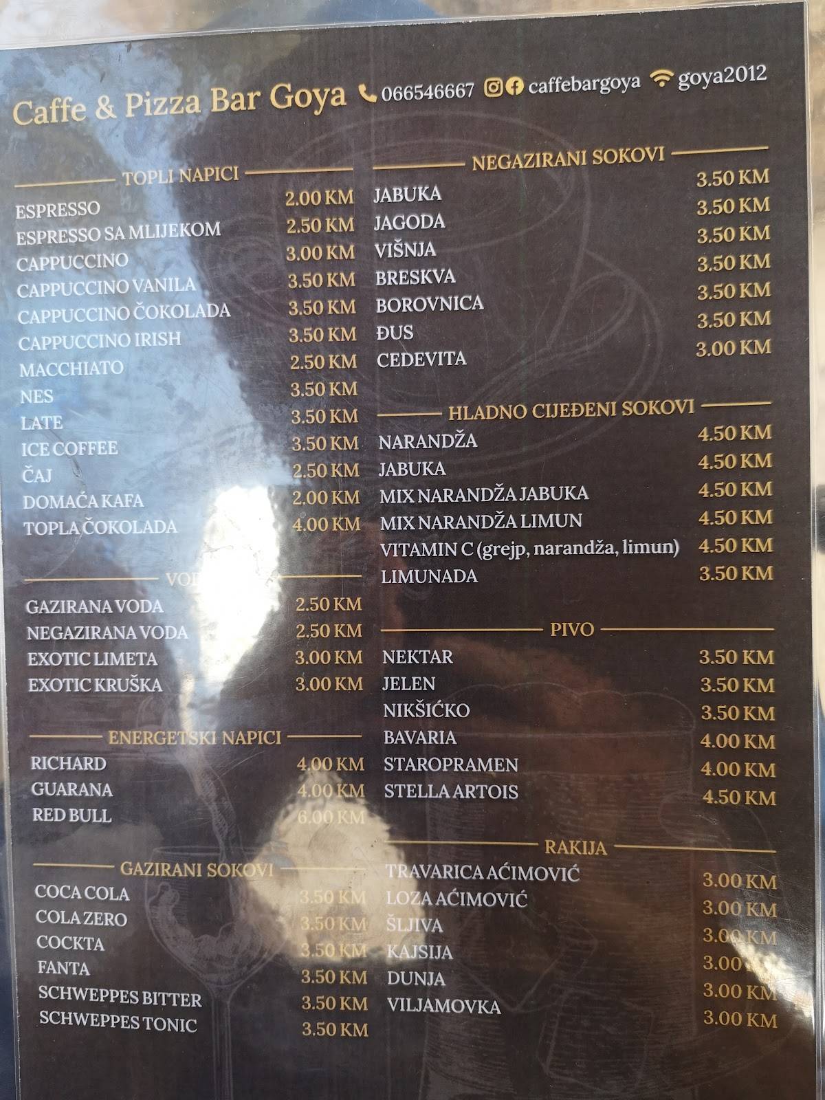 Menu at Goya restaurant, Višegrad