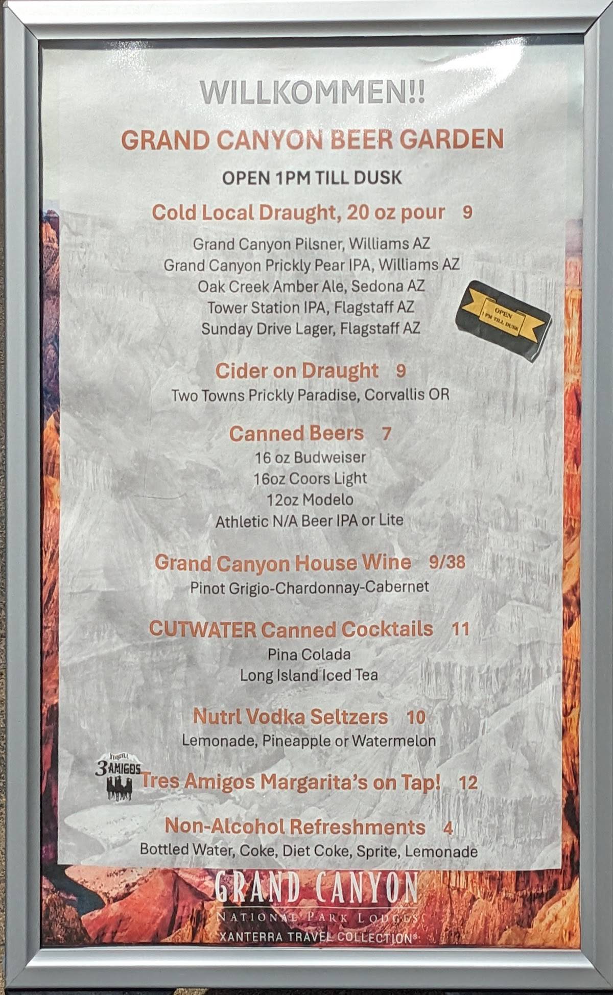 Menu at Grand Canyon Beer Garden pub & bar, Grand Canyon Village