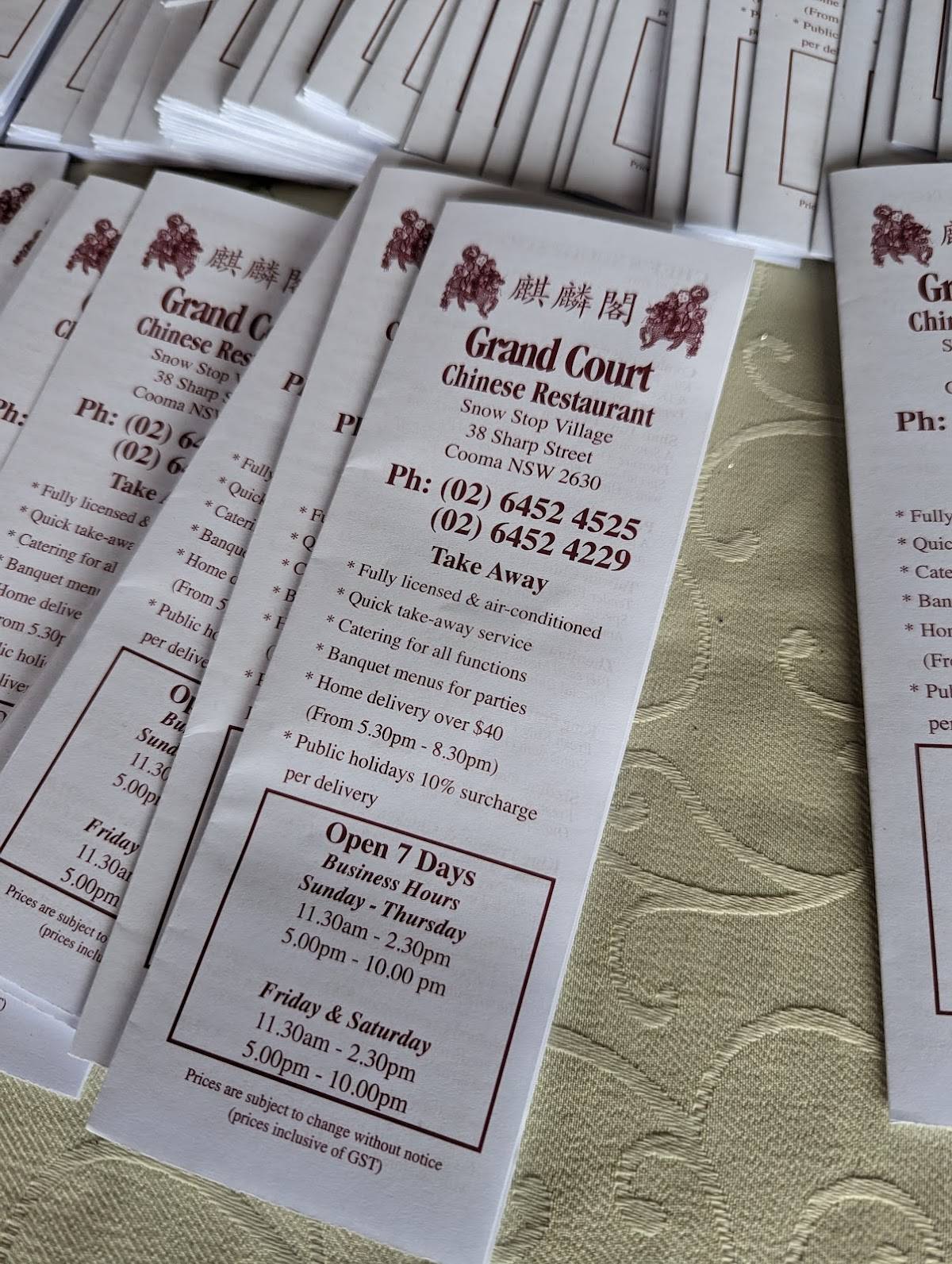 Menu at Grand Court Chinese Restaurant, Cooma, 38 Sharp St